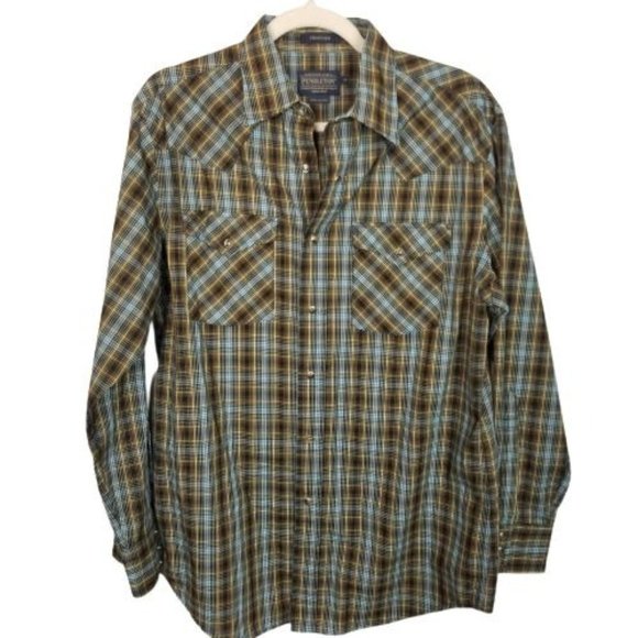 Pendleton | Shirts | Pendleton Mens M Blue Plaid Frontier Western Shirt ...